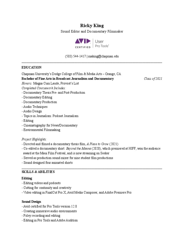 Ricky King Resume | PDF | Entertainment | Mass Media