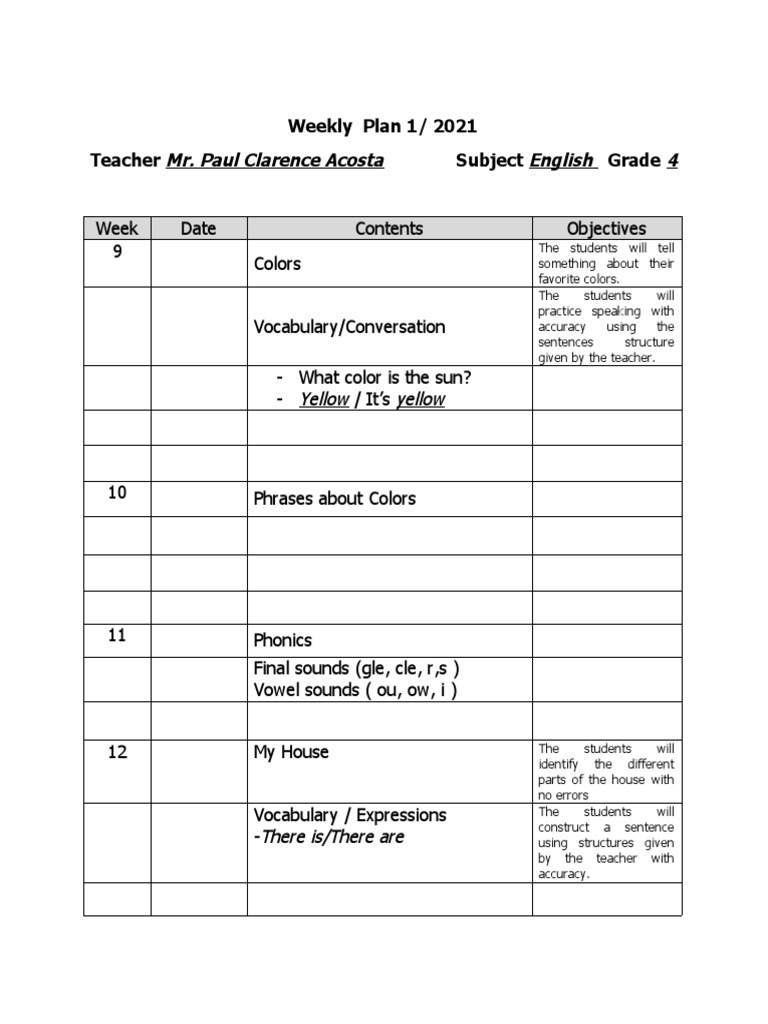 Weekly Plan Grade 4 Part 2 | PDF | Phonics | English Language