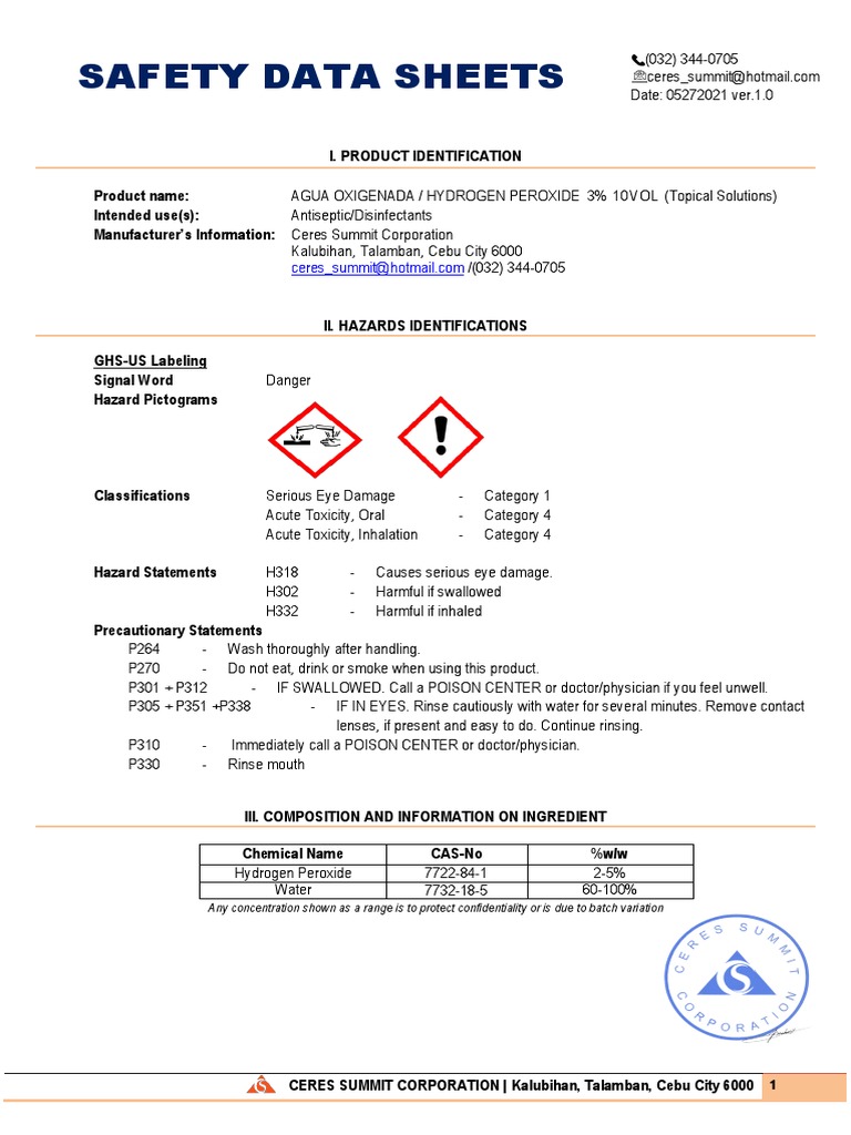 SDS Agua Oxigenada 3% Rev | PDF | Hydrogen Peroxide | Water