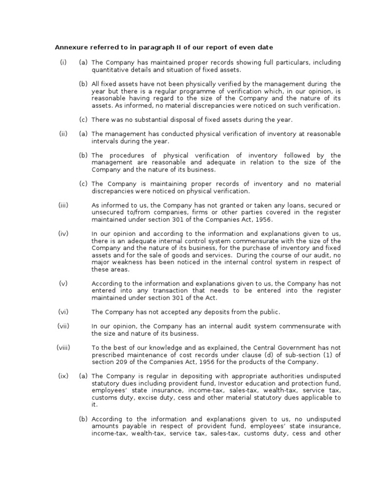 Annexure to the Audit Report: Details on the Company's Compliance with ...