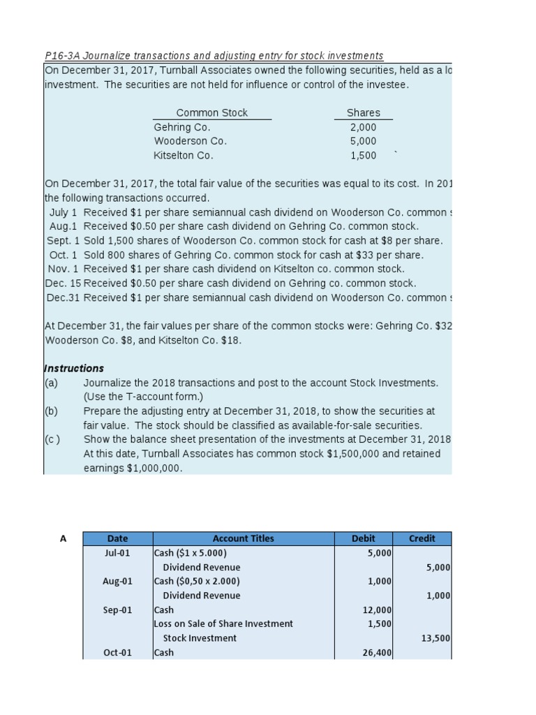 P16-3A Journalize Transactions and Adjusting Entry For Stock ...