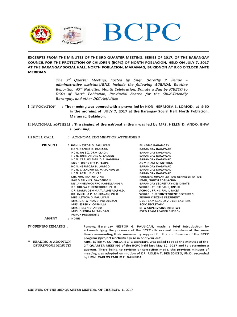 BCPC 3rd QTR Meeting Minutes 2017 | PDF | Wellness | Medical