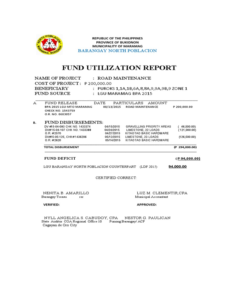 Fund Utilization Report Barangay North Poblacion Pdf
