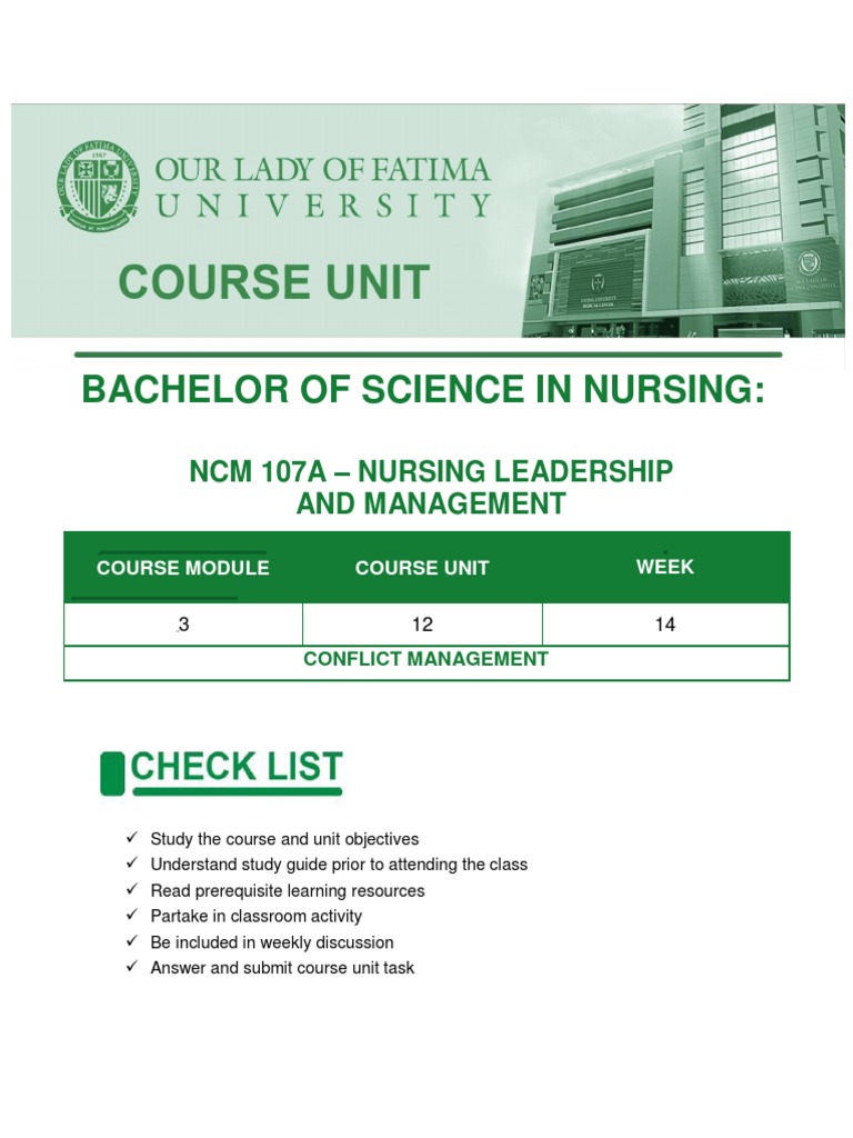 Bachelor of Science in Nursing:: NCM 107A - Nursing Leadership and Management | PDF | Conflict ...
