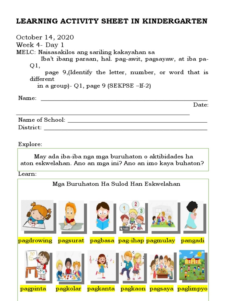 Worksheet in Kindergarten Day1 Activity1 Page1 | PDF