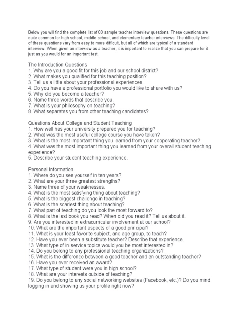 Teacher Applicants Interview Questions | PDF | Classroom Management ...