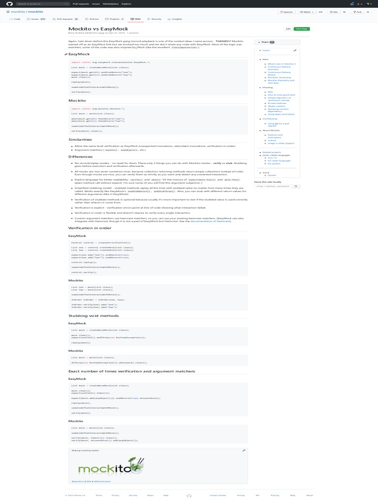 Mockito Vs Easymock Mockito Mockito Wiki Pdf Computer Science