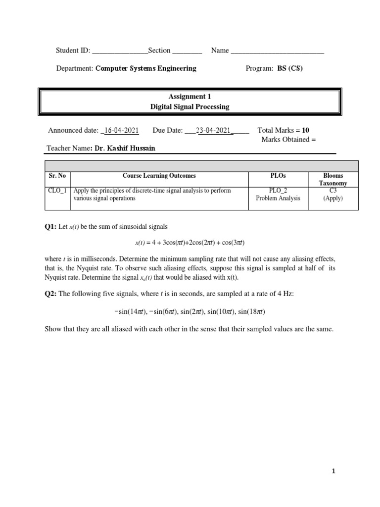 Dsp Assignments 1 Spring 2020 Pdf