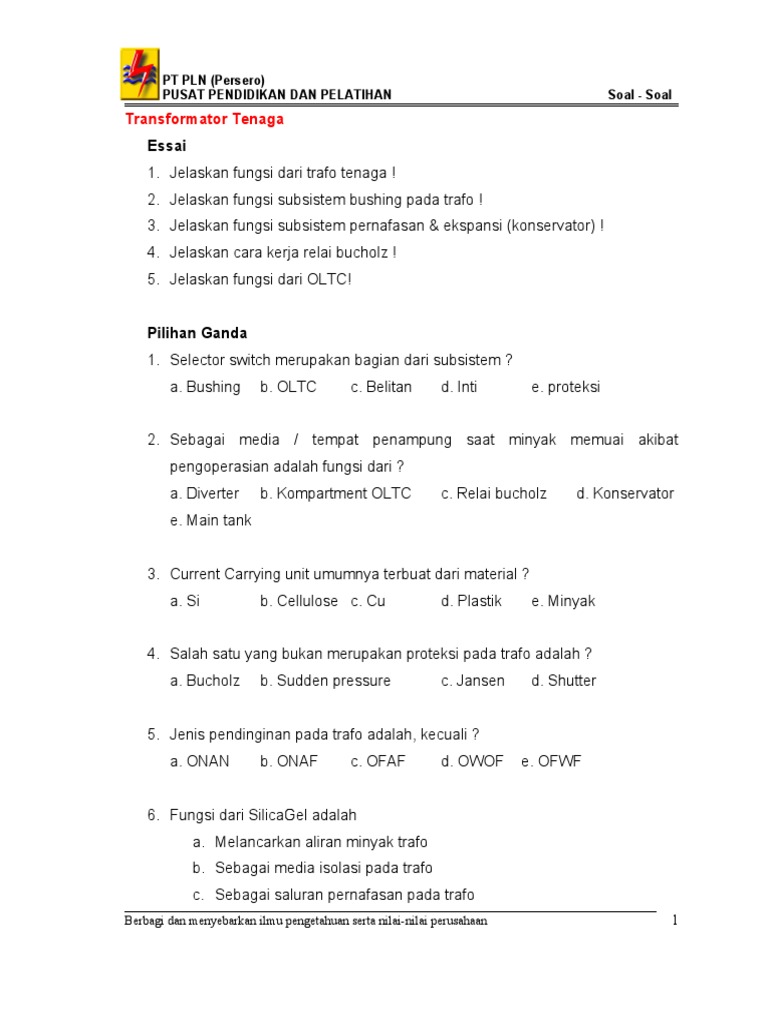Soal Diklat Pemeliharaan Trafo | PDF