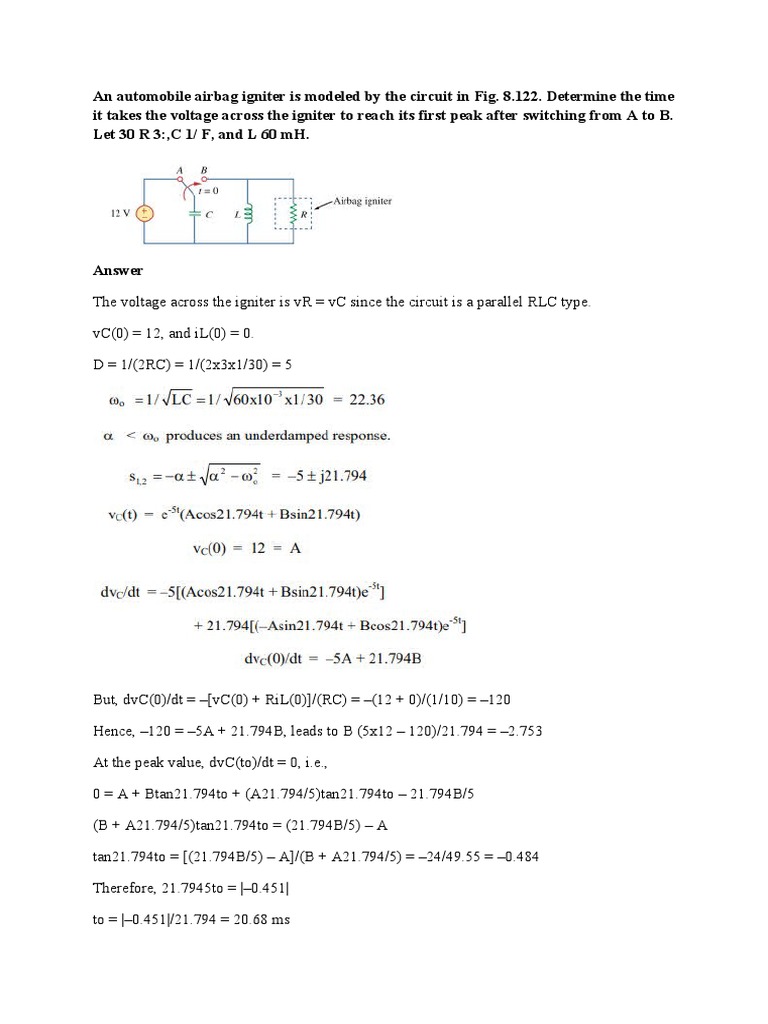 An Automobile Airbag Igniter Is Modeled by The Circuit in Fig | PDF