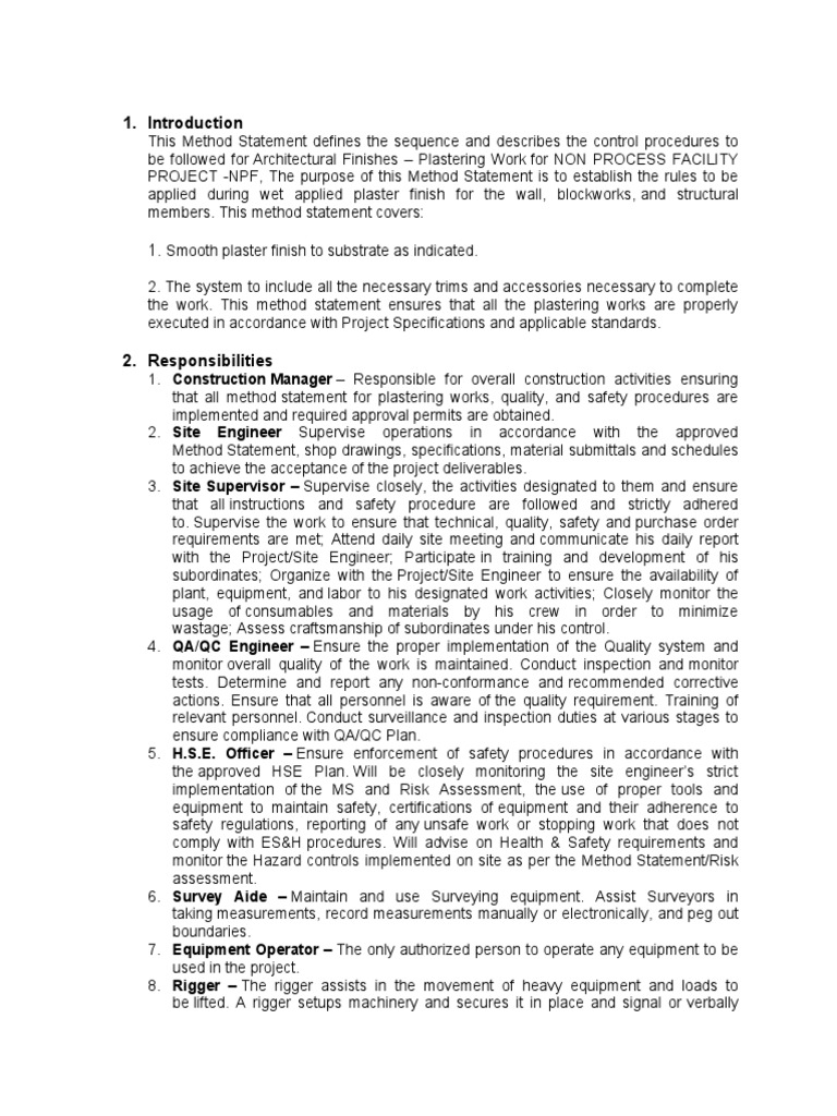 Plastering Work Method Statement Guide | PDF | Safety | Personal Protective Equipment