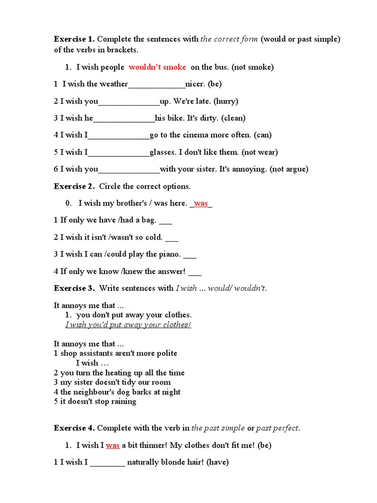 English Grammar Wish Exercises | PDF | Linguistic Typology | Grammar