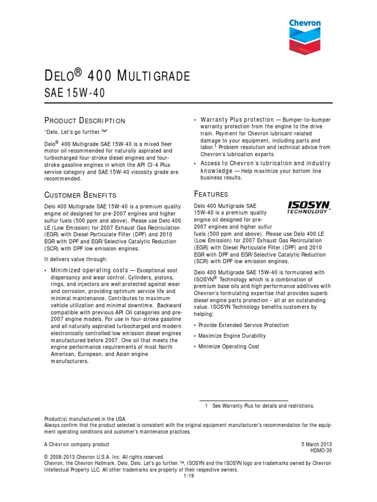 Delo® 400 Multigrade SAE 15W-40 | PDF | Motor Oil | Diesel Engine