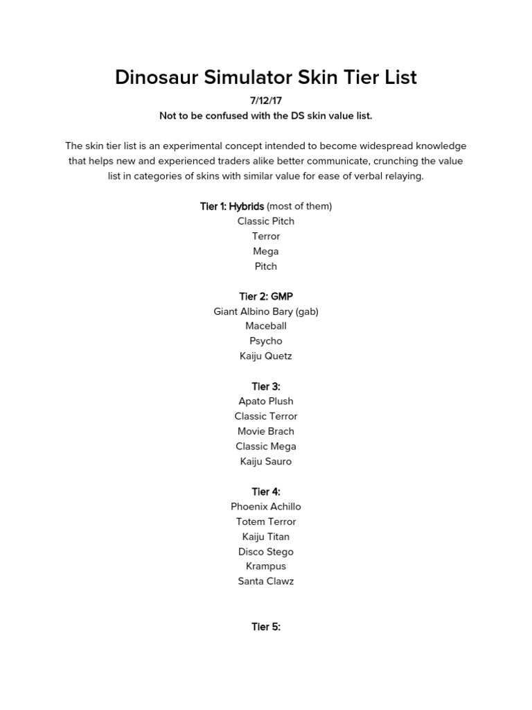Dinosaur Simulator Skin Tier List: 7/12/17 Not To Be Confused With The ...