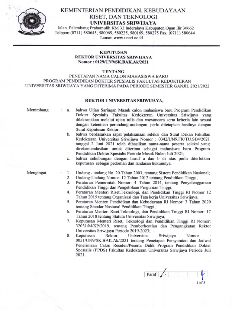 SK. BAK 0129 Penetapan Kelulusan Mhs PPDS FK Unsri SMT Ganjil 2021-2022 ...