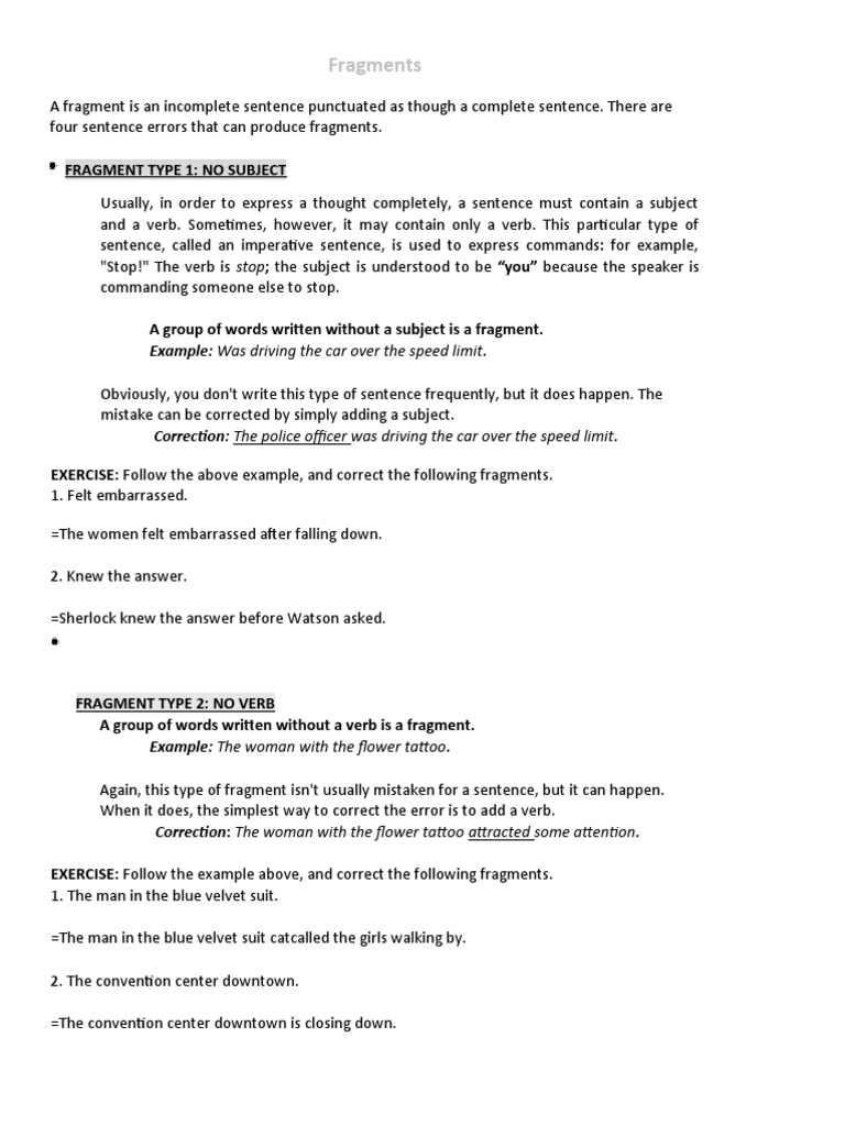 Fragments Exercise 2. | PDF | Sentence (Linguistics) | Morphology