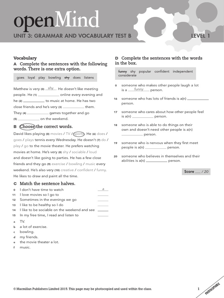 OpenMind 1 Unit 3 Grammar and Vocabulary Test B | PDF | Entertainment ...