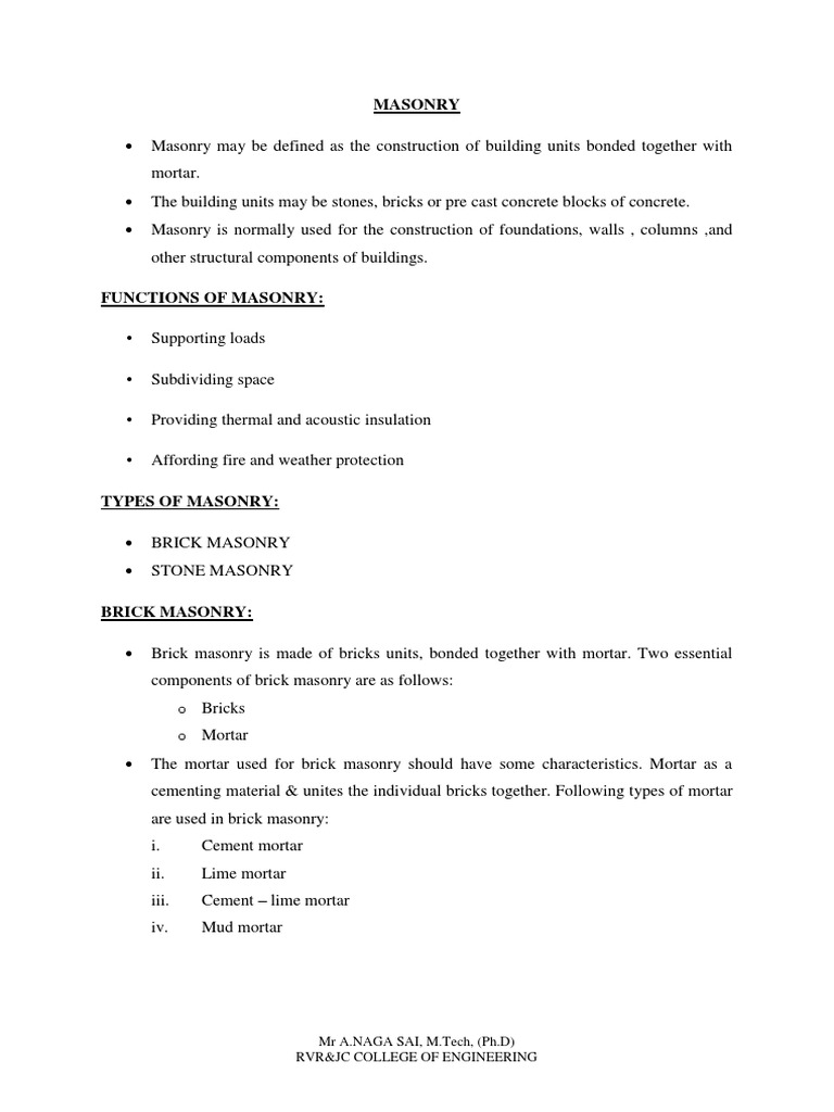 Masonry: MR A.NAGA SAI, M.Tech, (PH.D) RVR&JC College of Engineering | PDF