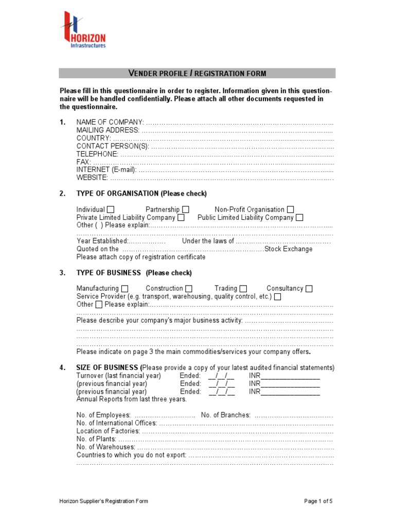 Horizon Supplier's Registration Form Page 1 of 5 | PDF | Paper ...