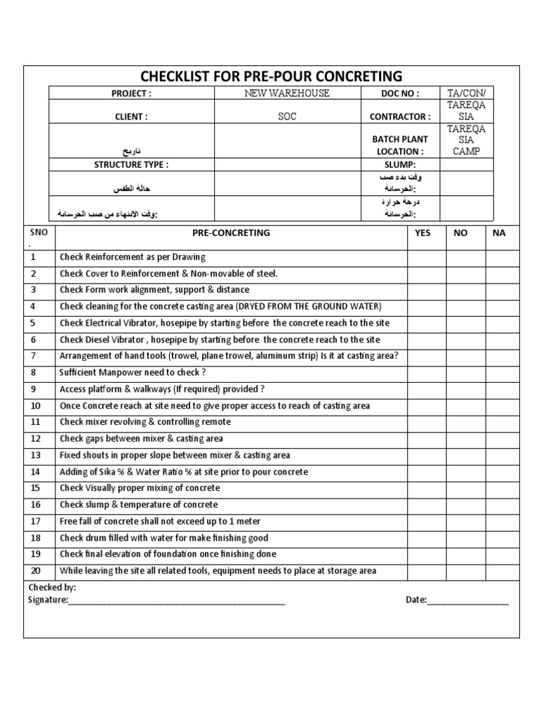 Checklist For Pre-Pour Concreting | PDF | Concrete | Structural Engineering