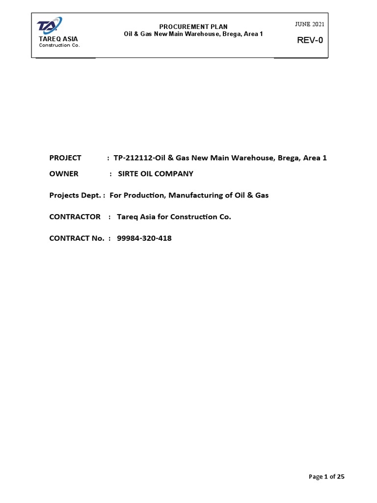 Procurement Plan Oil & Gas New Main Warehouse, Brega, Area 1 Tareq Asia ...