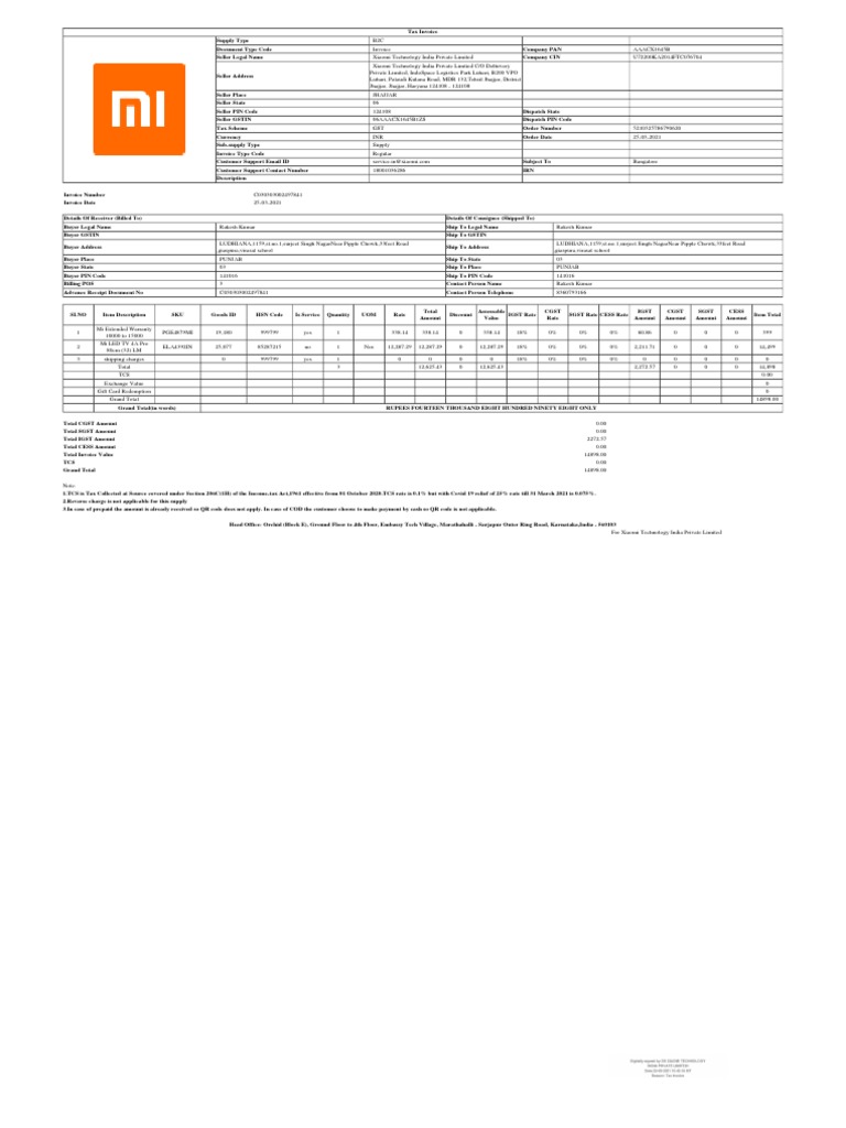 Mi Led TV Invoice | PDF | Invoice | Payments