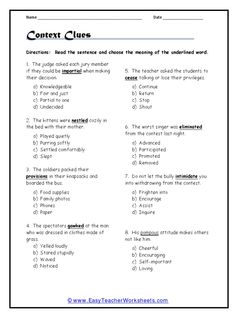 Context Clues: Directions: Read The Sentence and Choose The Meaning of The Underlined Word | PDF