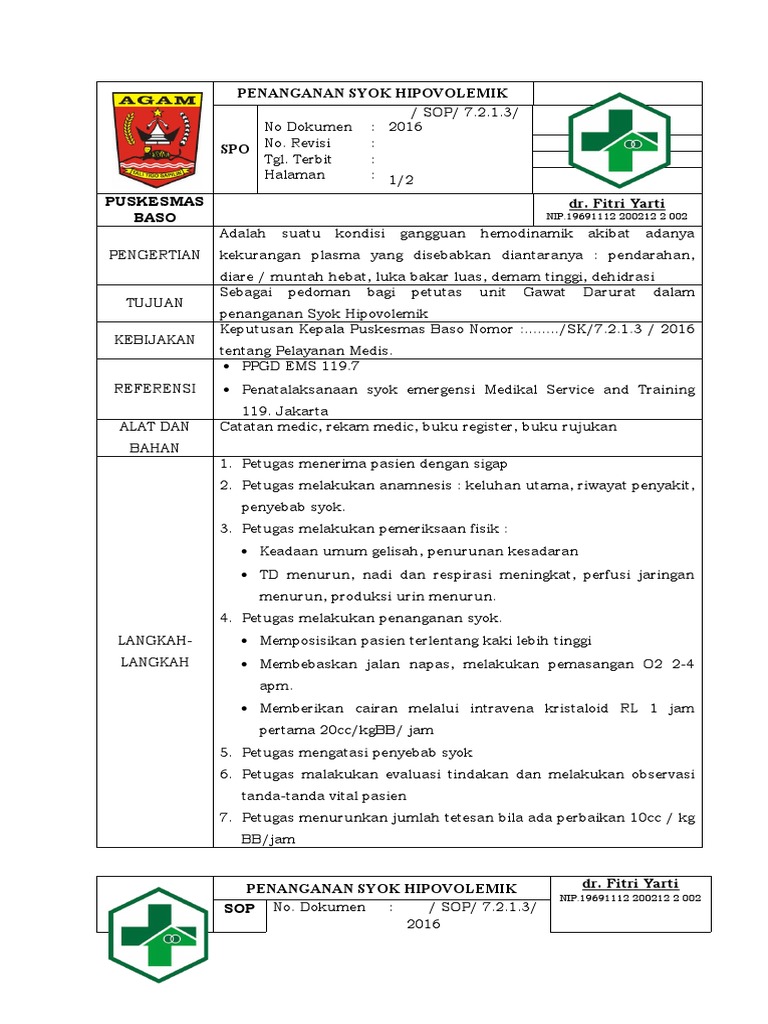 Spo Penanganan Syok Hipovolemik | PDF