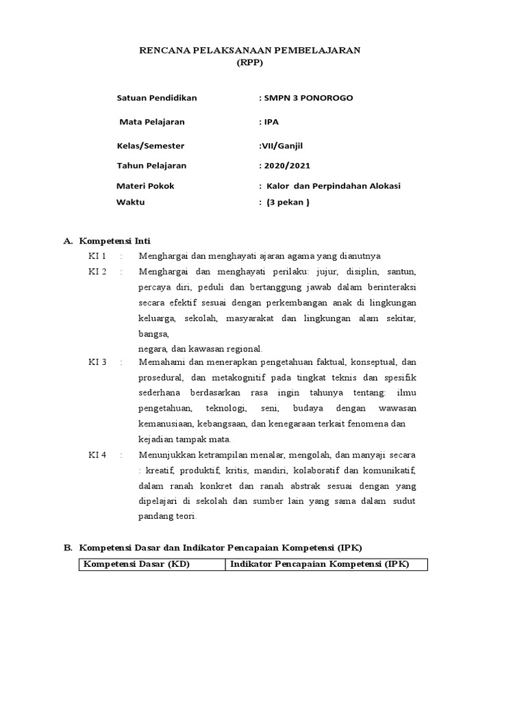 RPP Kalor. KD 3.4. Dan 4.4 | PDF