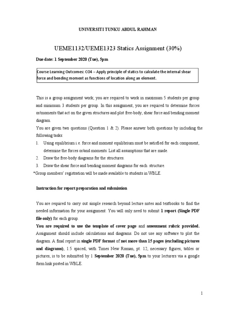 UEME1132/UEME1323 Statics Assignment (30%) | PDF | Bending | Beam ...