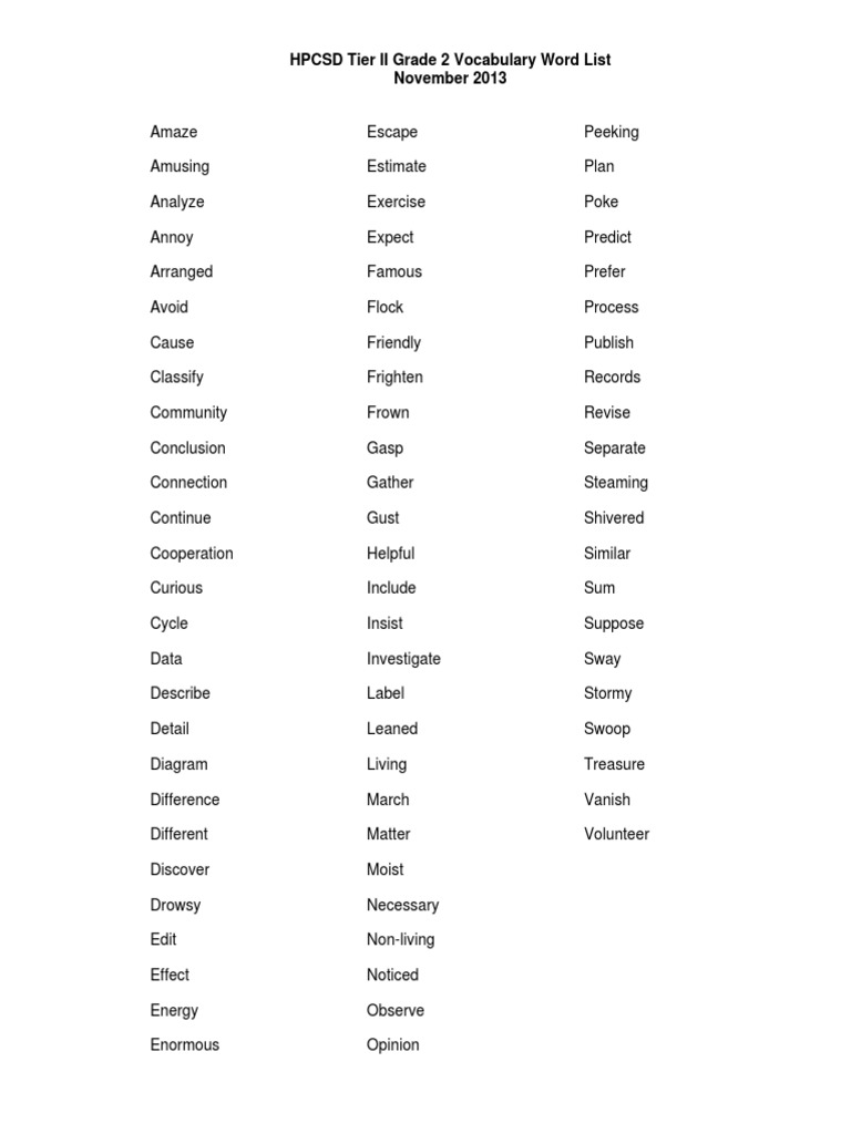 Grade 2 Tier 2 Vocabulary List - 2015 | PDF