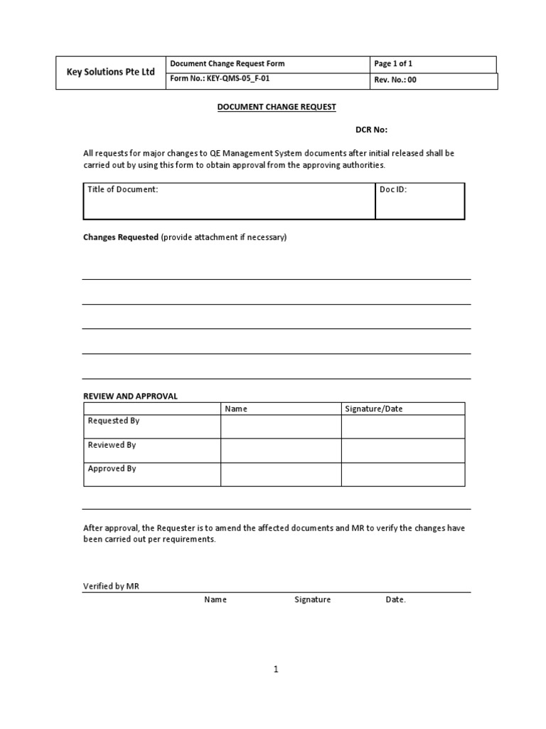 KEY-QMS-05 - F-01 Document Change Request Form | PDF