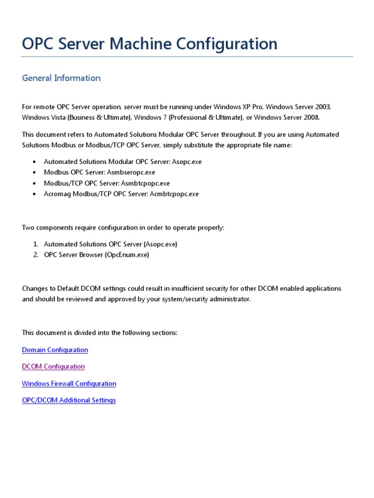 Dcom And Windows Firewall Configuration For Automated Solutions Opc