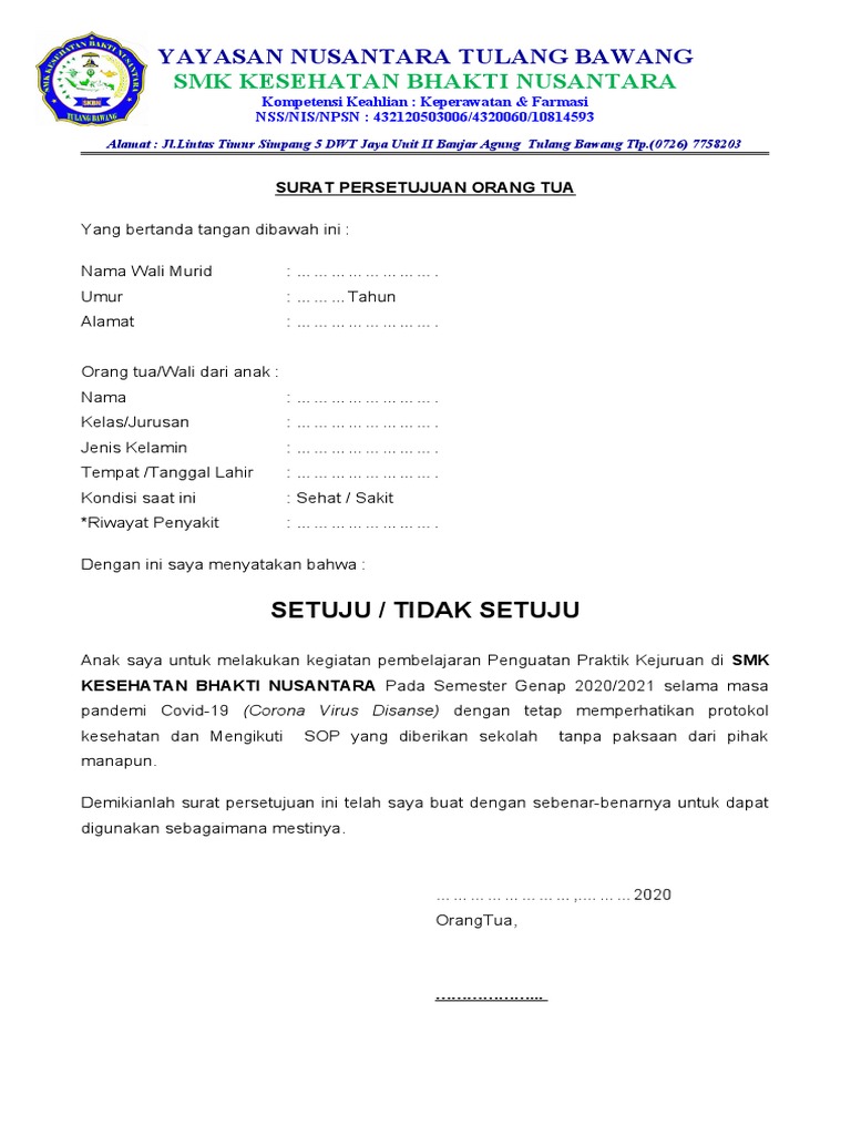 Surat Persetujuan Orang Tua - Binus | PDF