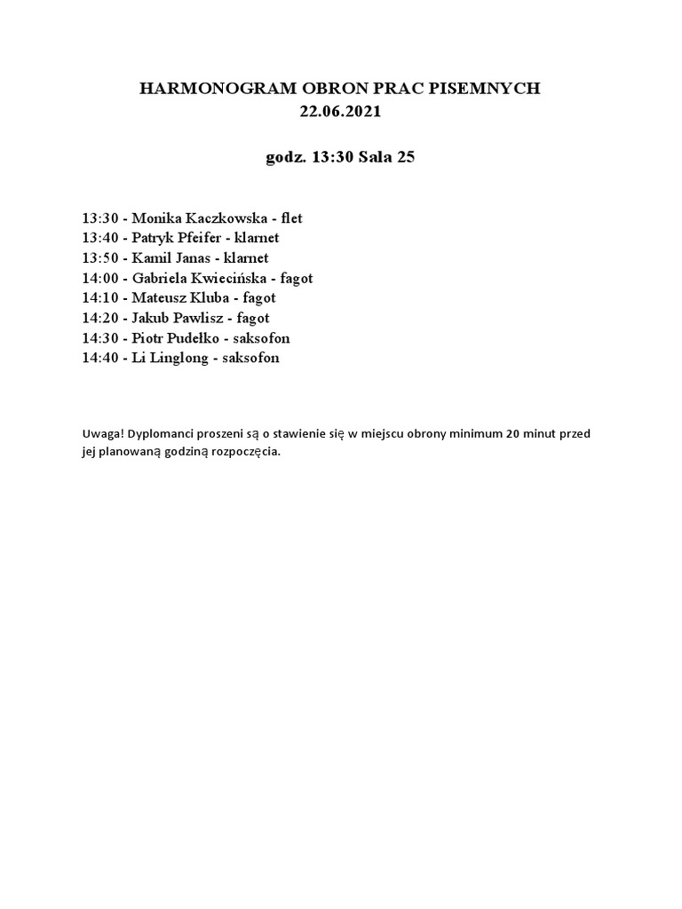 Harmonogram Obron Prac Pisemnych | PDF