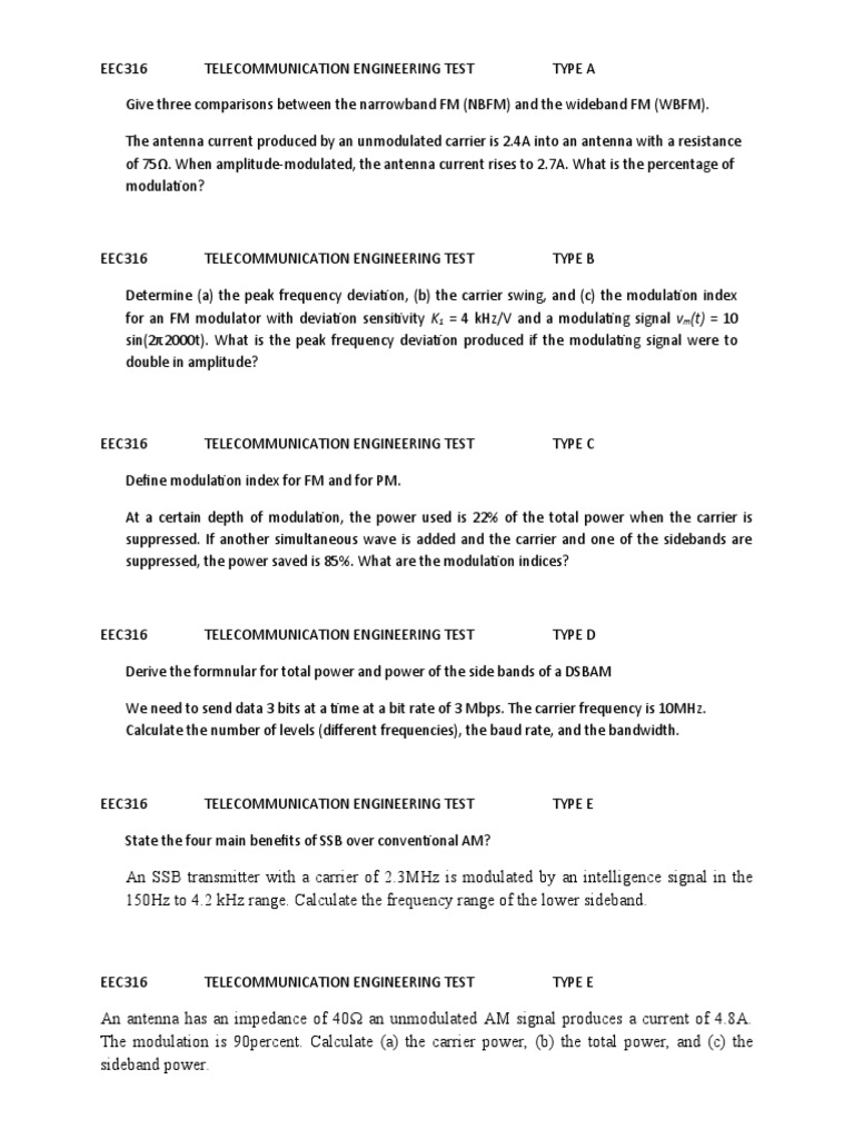 Eec316 Telecommunication Engineering Test Type A | PDF | Frequency ...