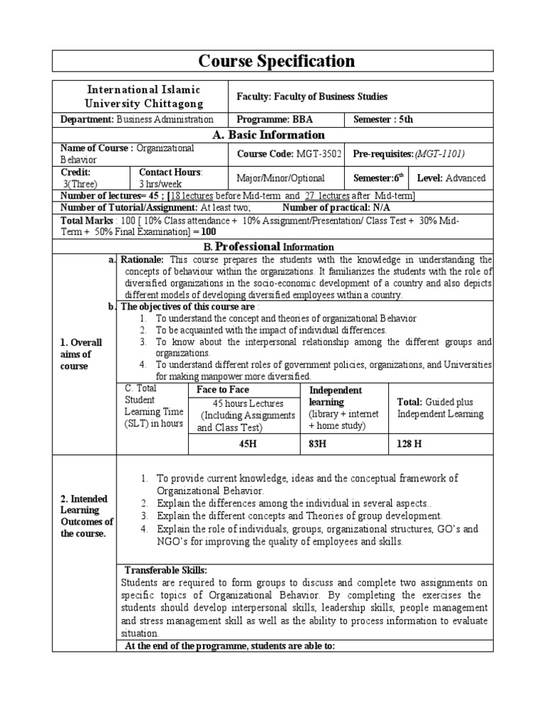Course Specification-OB | PDF | Organizational Behavior | Decision Making