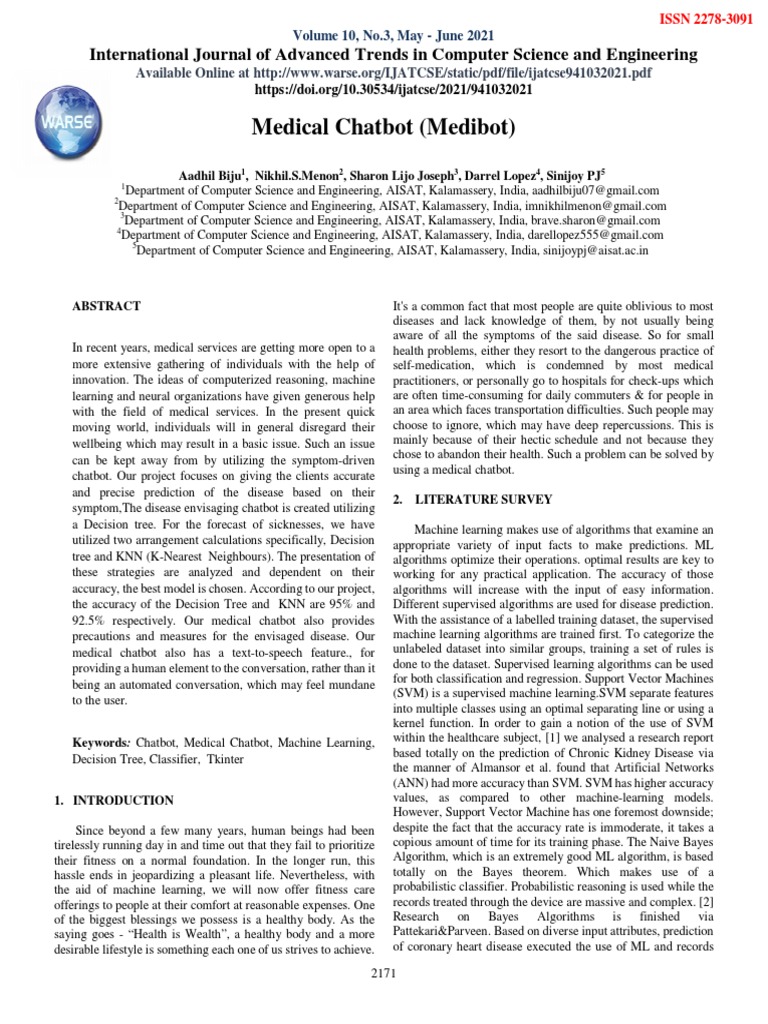 Medical Chatbot (Medibot) | PDF | Machine Learning | Support Vector Machine