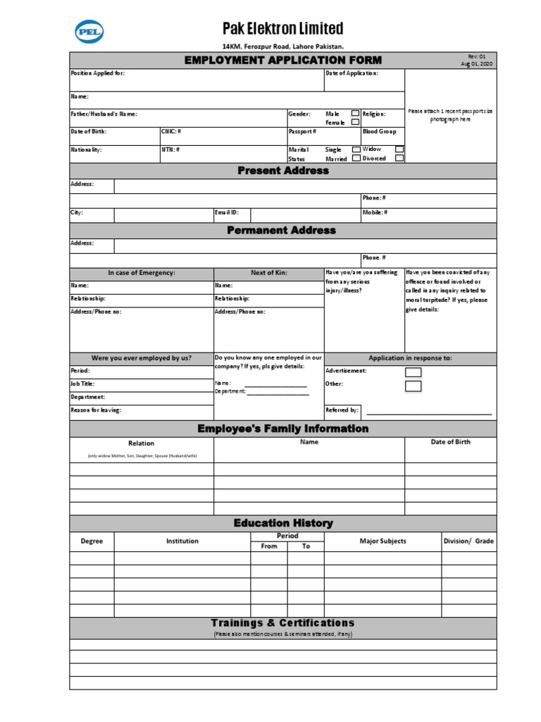 Pak Elektron Limited: Employment Application Form | Download Free PDF ...