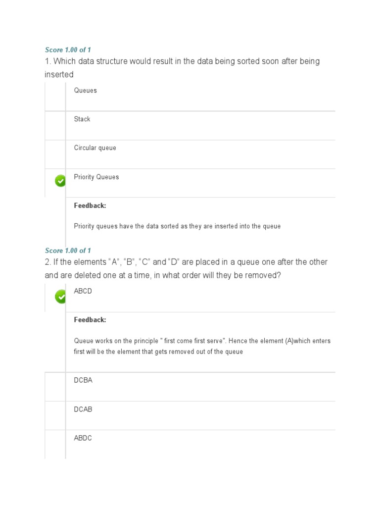 03 Data Structure And Algorithm Quiz Pdf Array Data Structure Queue Abstract Data Type 