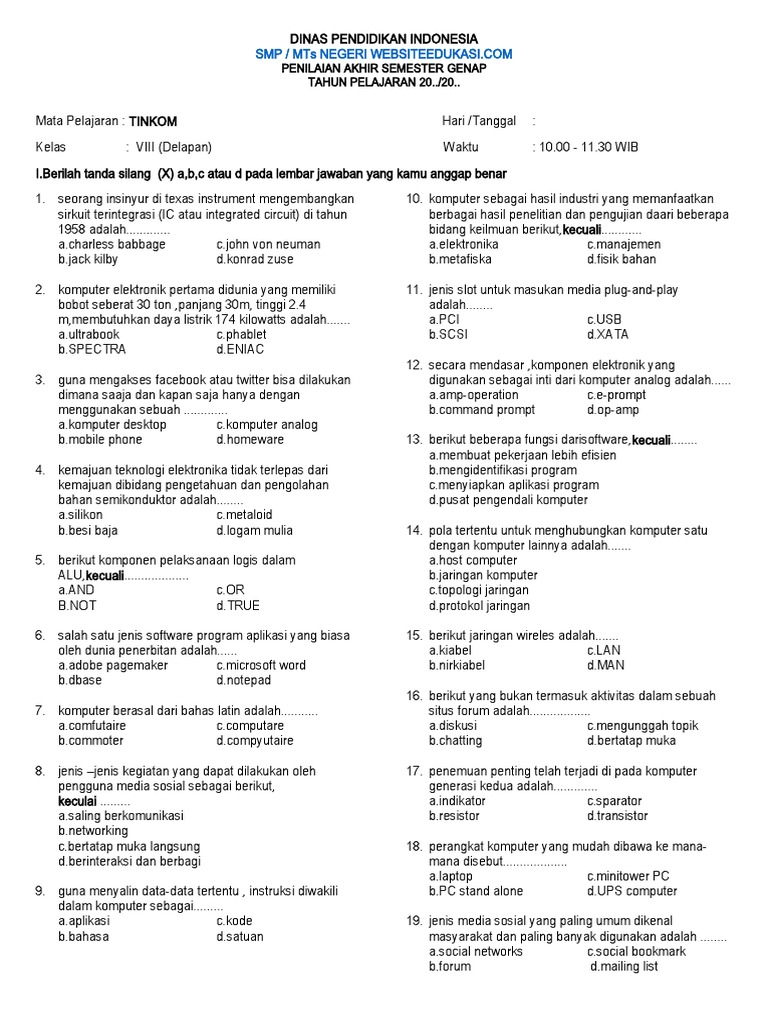 Soal Pat Tik Kelas 8 | PDF