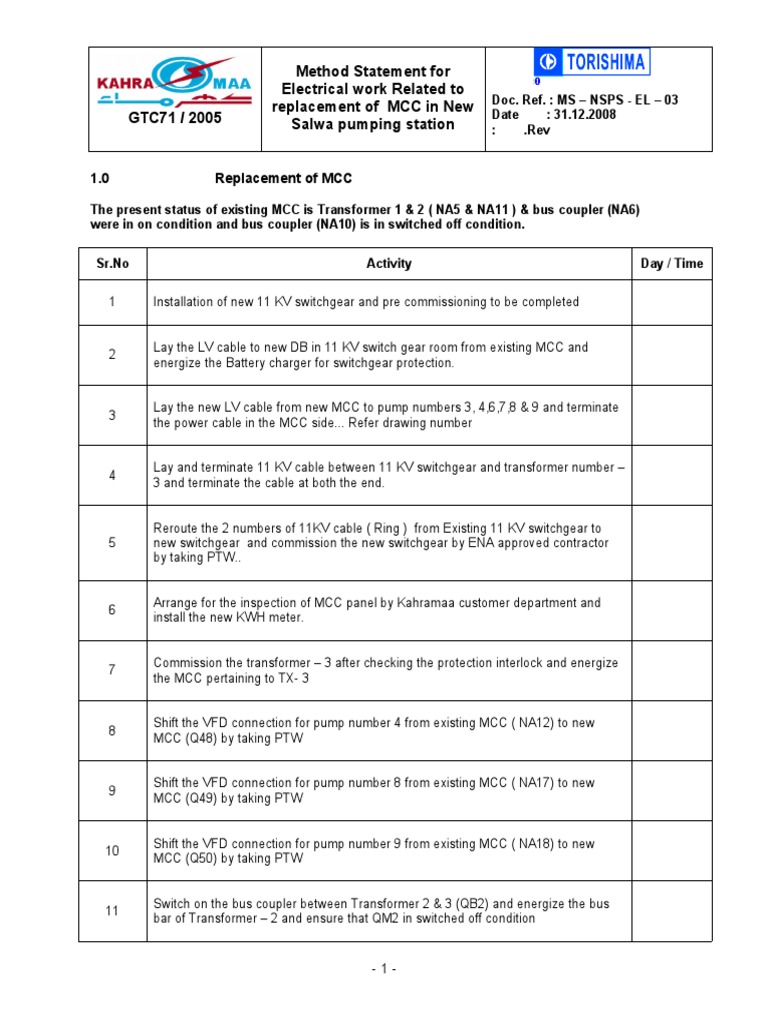 Method Statement For Replacing of Existing MCC | PDF | Electrical ...