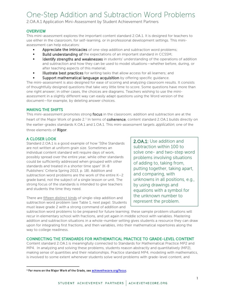 2.OA.A.1 One-Step Addition and Subtraction Word Problems | PDF ...