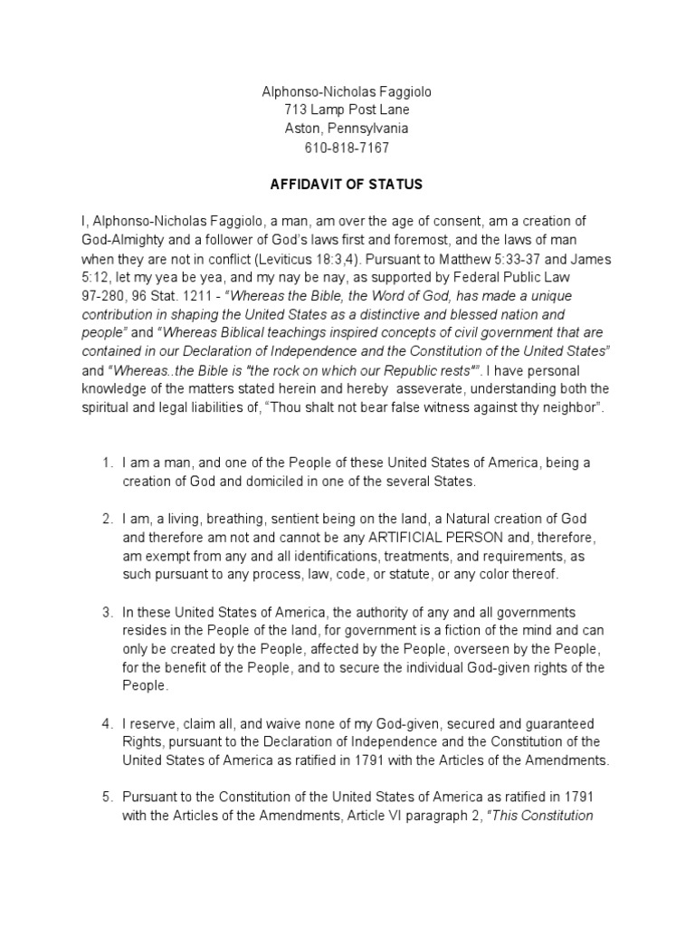 Affidavit of Status | PDF | Notary Public | Justice