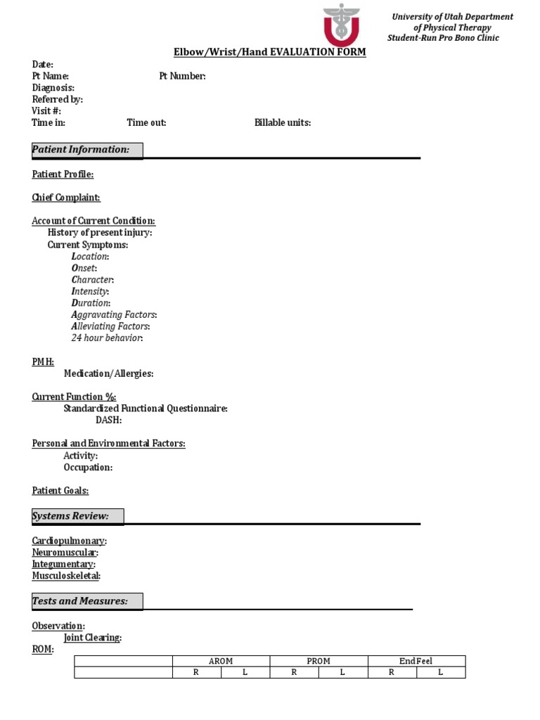Physical Therapy Hand Evaluation Assessment Form | PDF | Anatomical ...