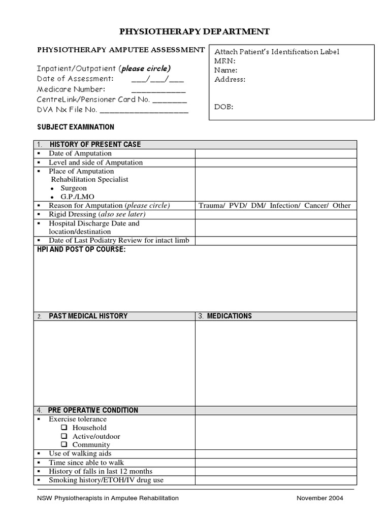 Physical Therapy Amputee Assessment Form | PDF | Prosthesis | Amputation