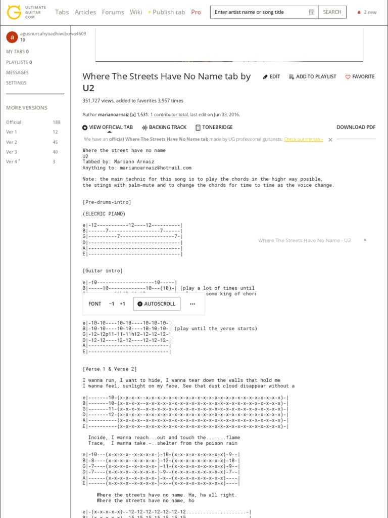 Where The Streets Have No Name Tab Ver 2 By U2 Pdf Musical