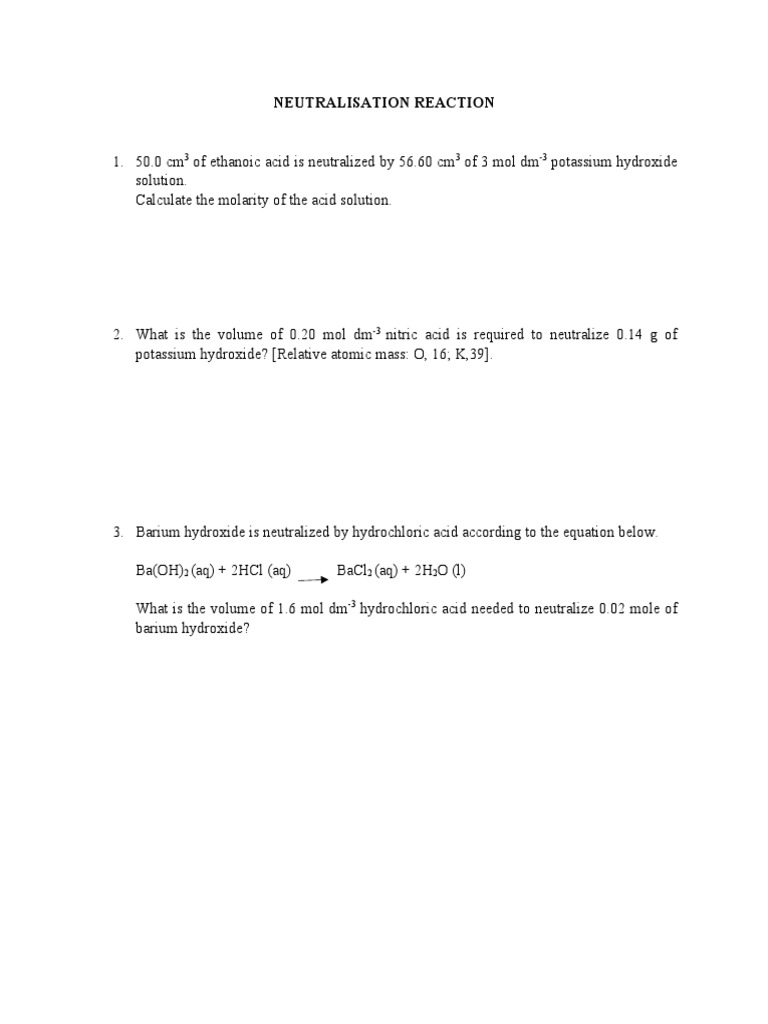 Neutralisation Reaction - Exercise | PDF