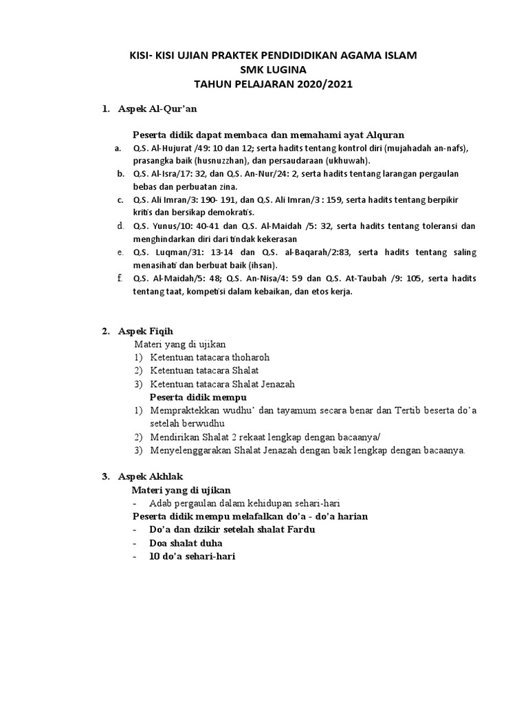 KISI KISI Praktik PAI 2021 (Asep) | PDF