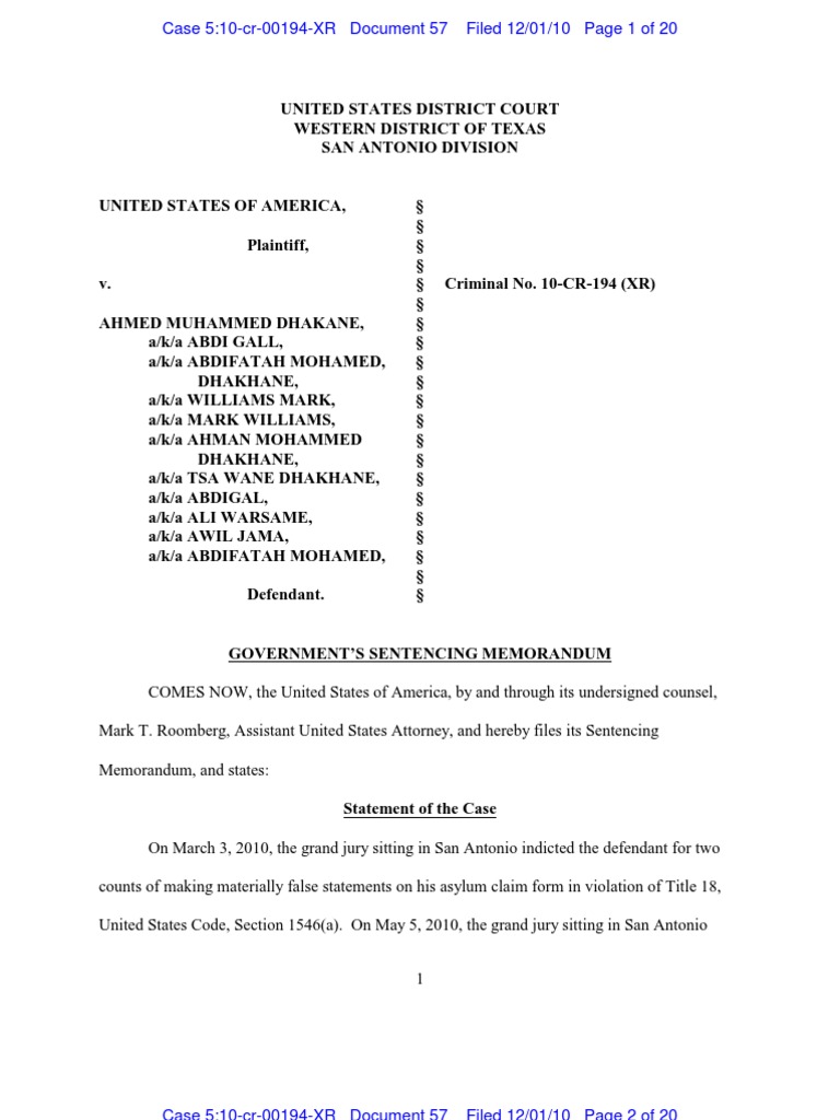 Ahmed Dhakane DOJ Sentencing Memorandum | PDF | United States Federal ...